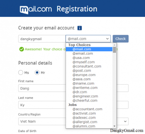 Đăng ký tạo email miễn phí đuôi @mail.com,@email.com,@workmail.com